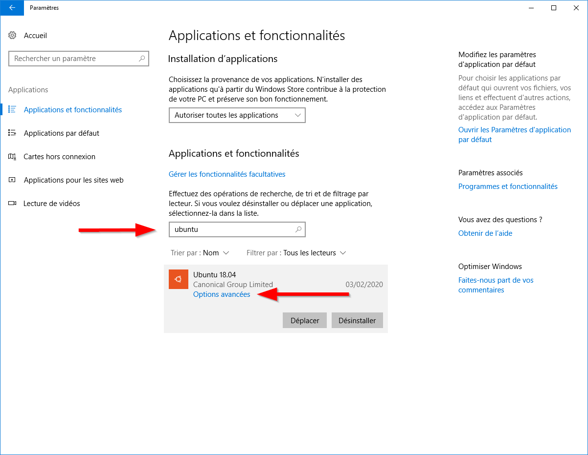 Paramètres-Applications et fonctionnalités